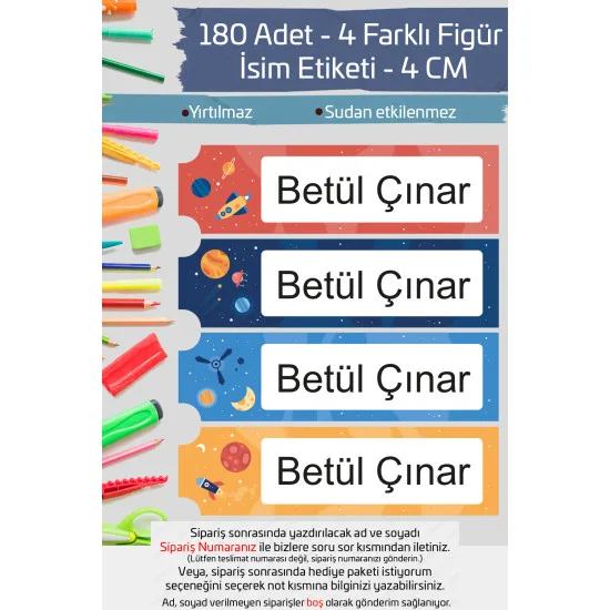 İsme Özel 180 Adet Okul Etiketi | Kalem ve Defter Sticker Seti